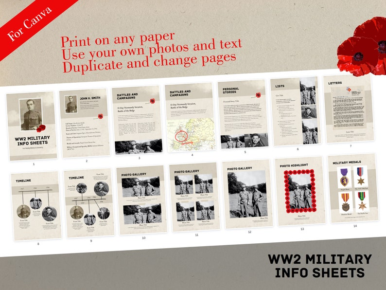 Genealogy Military Info Sheets (WW2) for Canva - 14 Unique Pages to ...