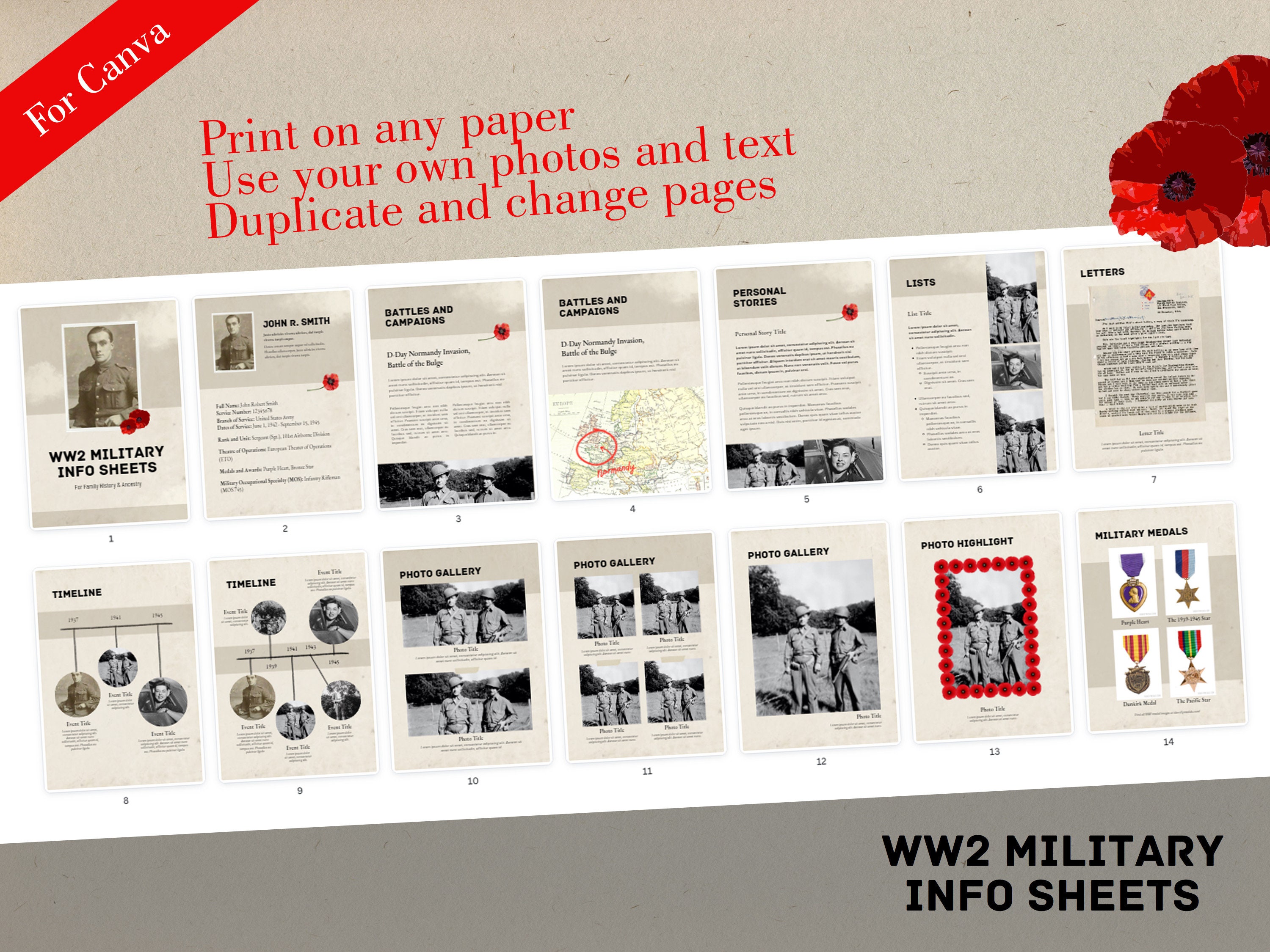 Genealogy Military Info Sheets (WW2) for Canva - 14 Unique Pages to ...