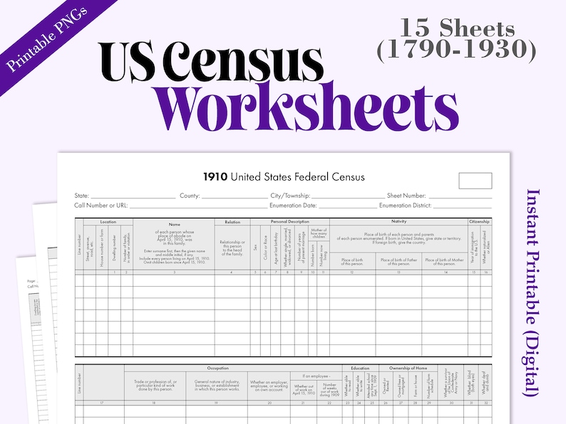 Genealogy U.S. Census Worksheets for Ancestry Research 1790-1930 Jpgs ...