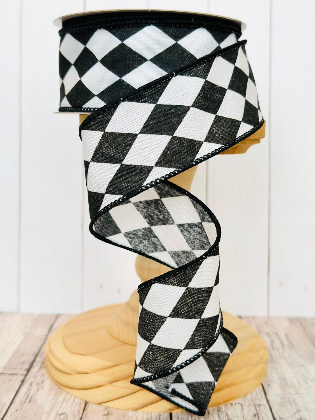 NEW!! Black White Harlequin Check Satin Wired Ribbon for Wreaths or ...
