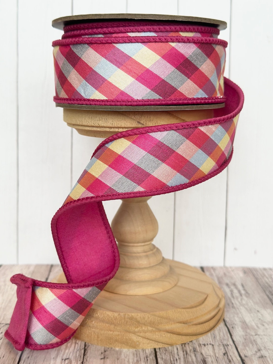 NEW D. Stevens Dupioni Diagonal Plaid Hot Pink Wired Ribbon for Wreaths ...