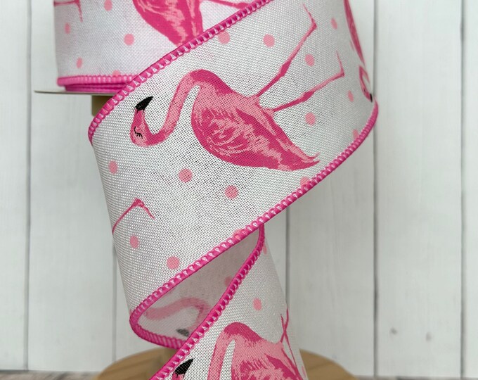 RESTOCKED!! Pink Flamingo White Pink Wired Ribbon for Wreath or Bows 2. ...