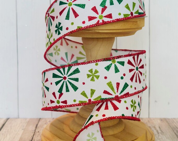 NEW!! Vintage Pinwheels Red Green Glitter Wired Ribbon for Wreaths or ...