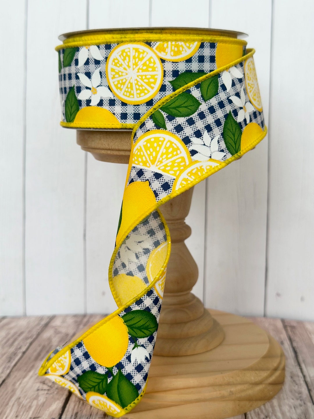 NEW!! Lemon With Leaves Check White Navy Yellow Green Wired Ribbon for ...