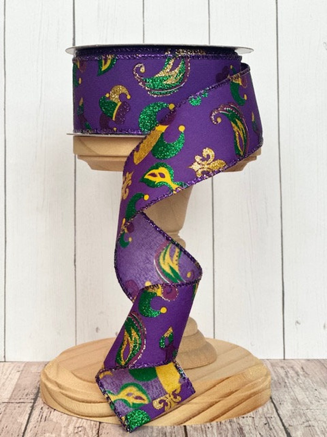NEW!! Mardi Gras Mask & Hat Purple Gold Green Glitter Wired Ribbon for ...