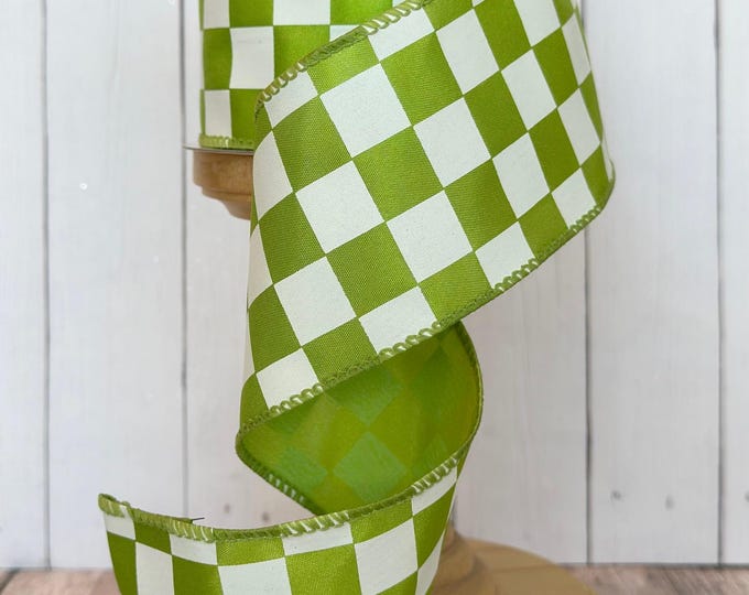 NEW!! Lime Green White Checkered Check Satin Wired Ribbon for Wreaths ...