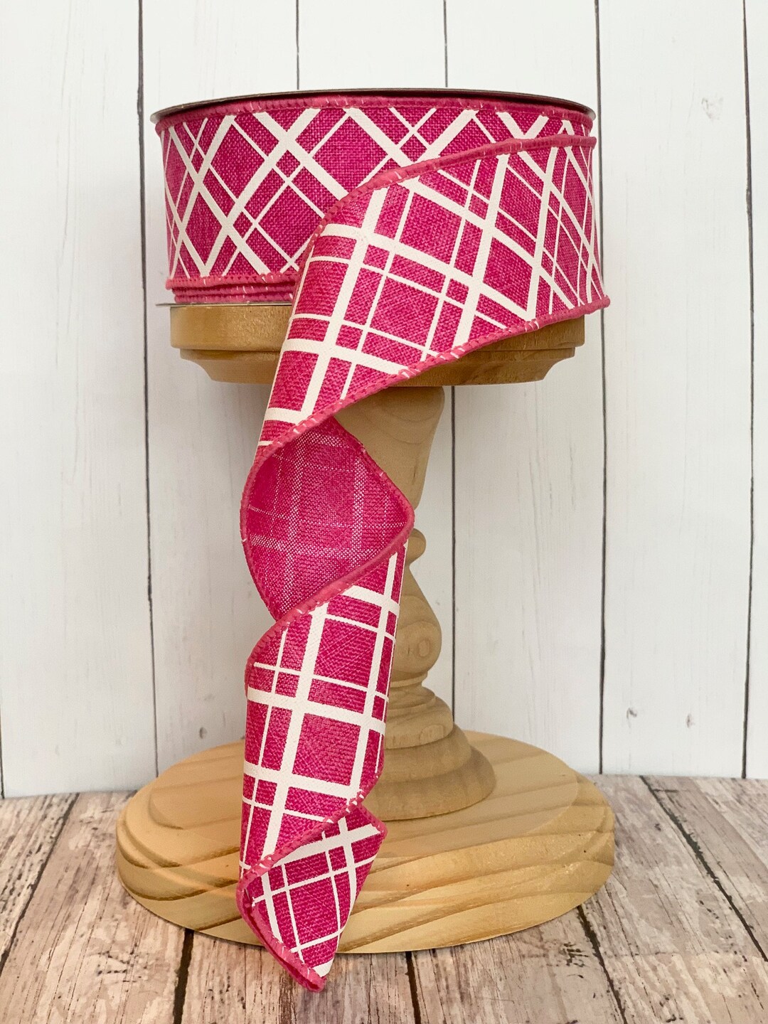NEW!! Diagonal Check Valentine's Day Easter Fuchsia White Wired Ribbon ...