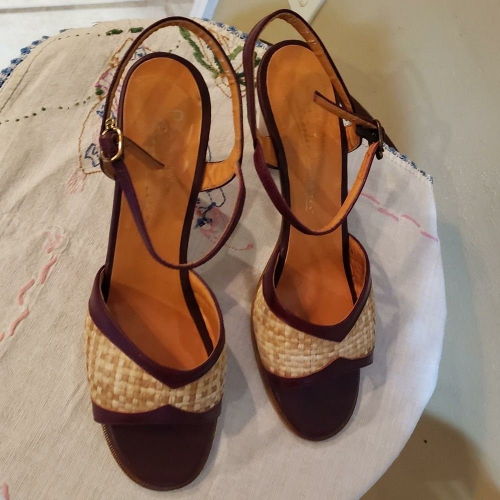 Vintage Cottagecore Boho Burgundy Leather Raffia Sandals Heeled - Etsy