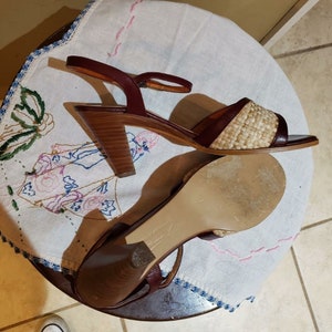 Vintage Cottagecore Boho Burgundy Leather Raffia Sandals Heeled - Etsy