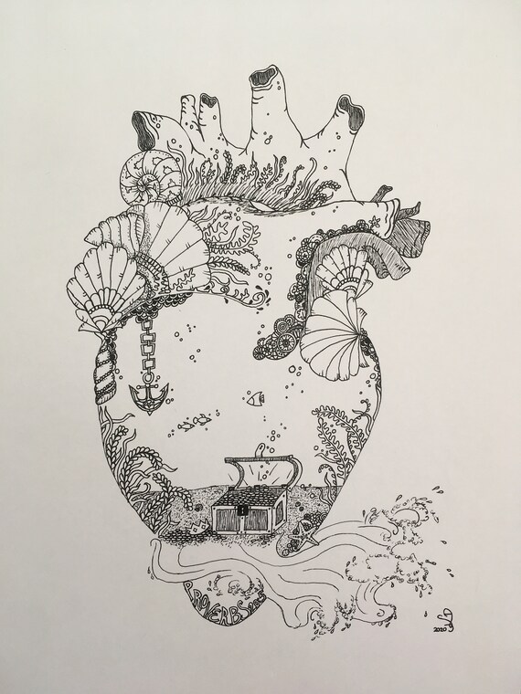 Ink Heart Anatomy Ocean Original Drawing Print | Etsy