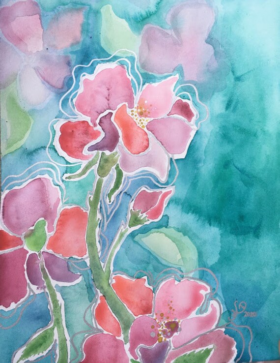 Loose Floral Pink and Teal Rose Bouquet Rosie Rain | Etsy