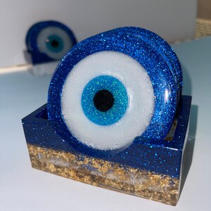 Blue Evil Eye Coasters With Eye Shaped Holder - Etsy