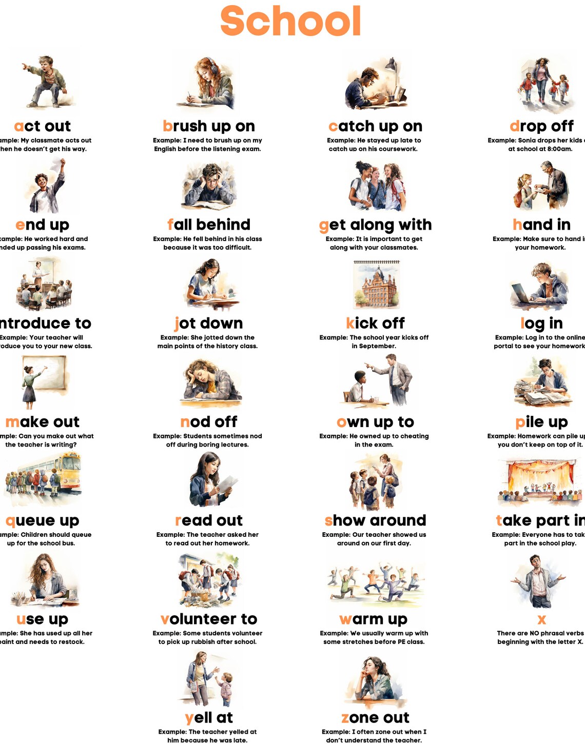 English Phrasal Verb Alphabet Poster - School Theme (digital Download ...