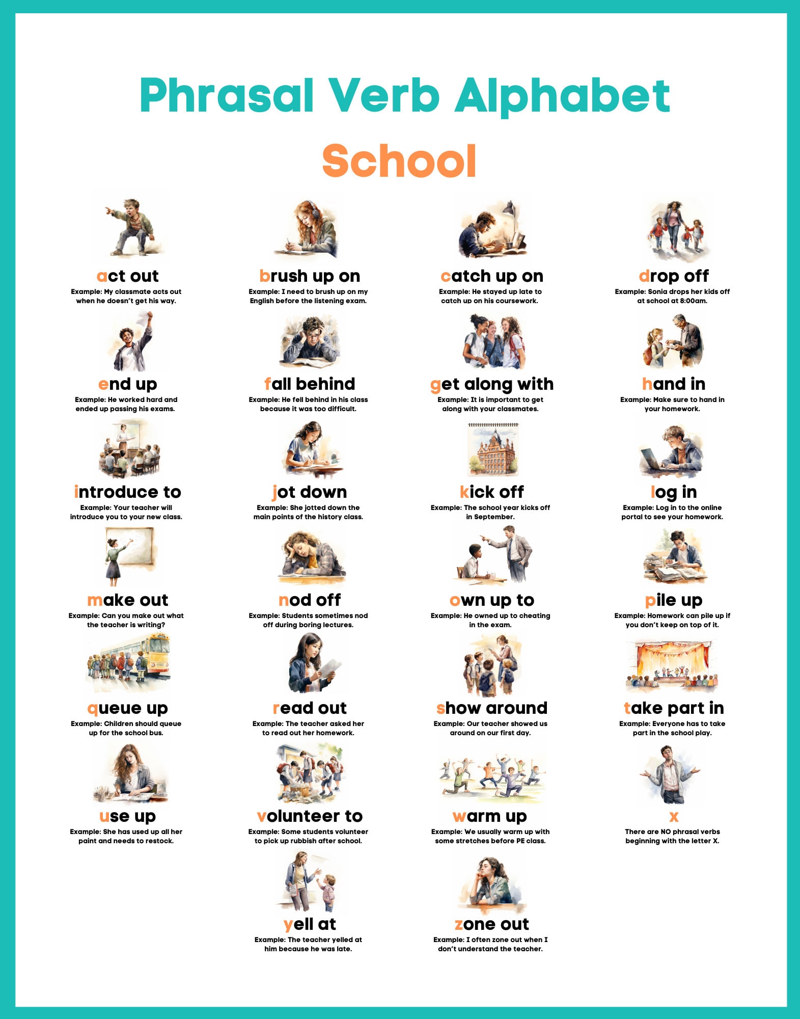 English Phrasal Verb Alphabet Poster - School Theme (digital Download ...