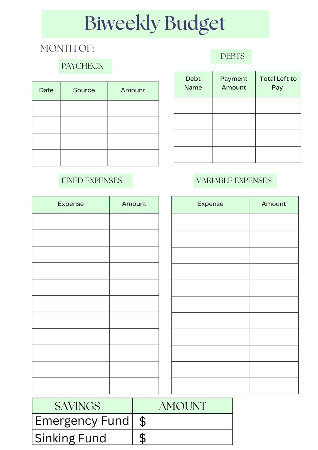 Biweekly Budget Template Income Sheet Biweekly Pay Budget - Etsy