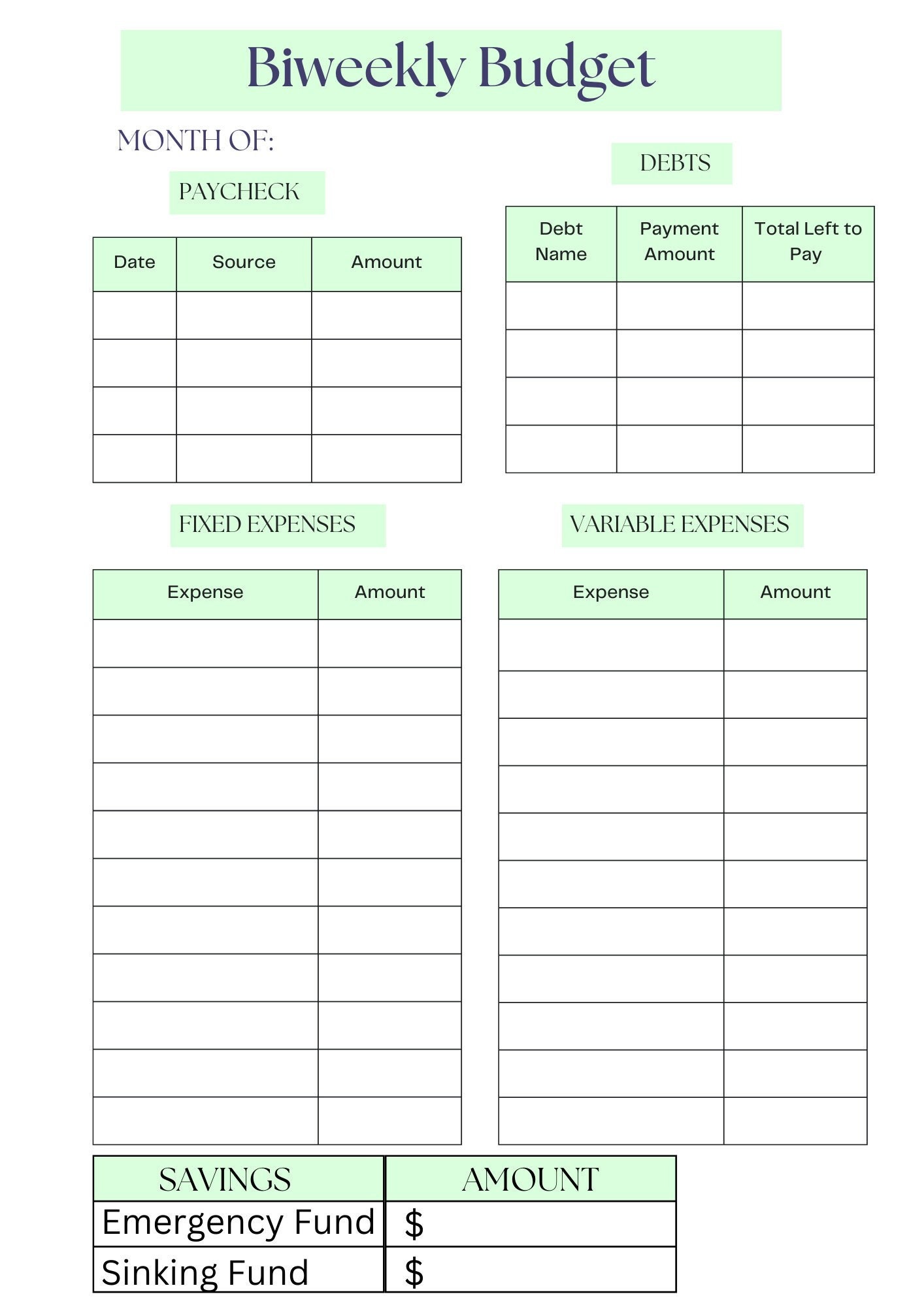 Biweekly Budget Template Income Sheet Biweekly Pay Budget - Etsy
