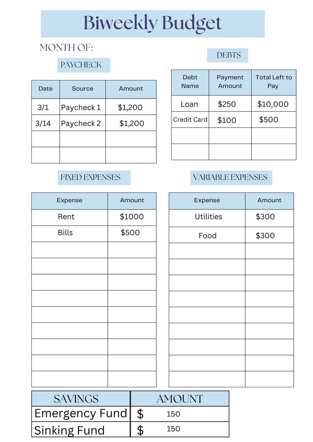 Biweekly Budget Planner Budget Templates Biweekly Income - Etsy