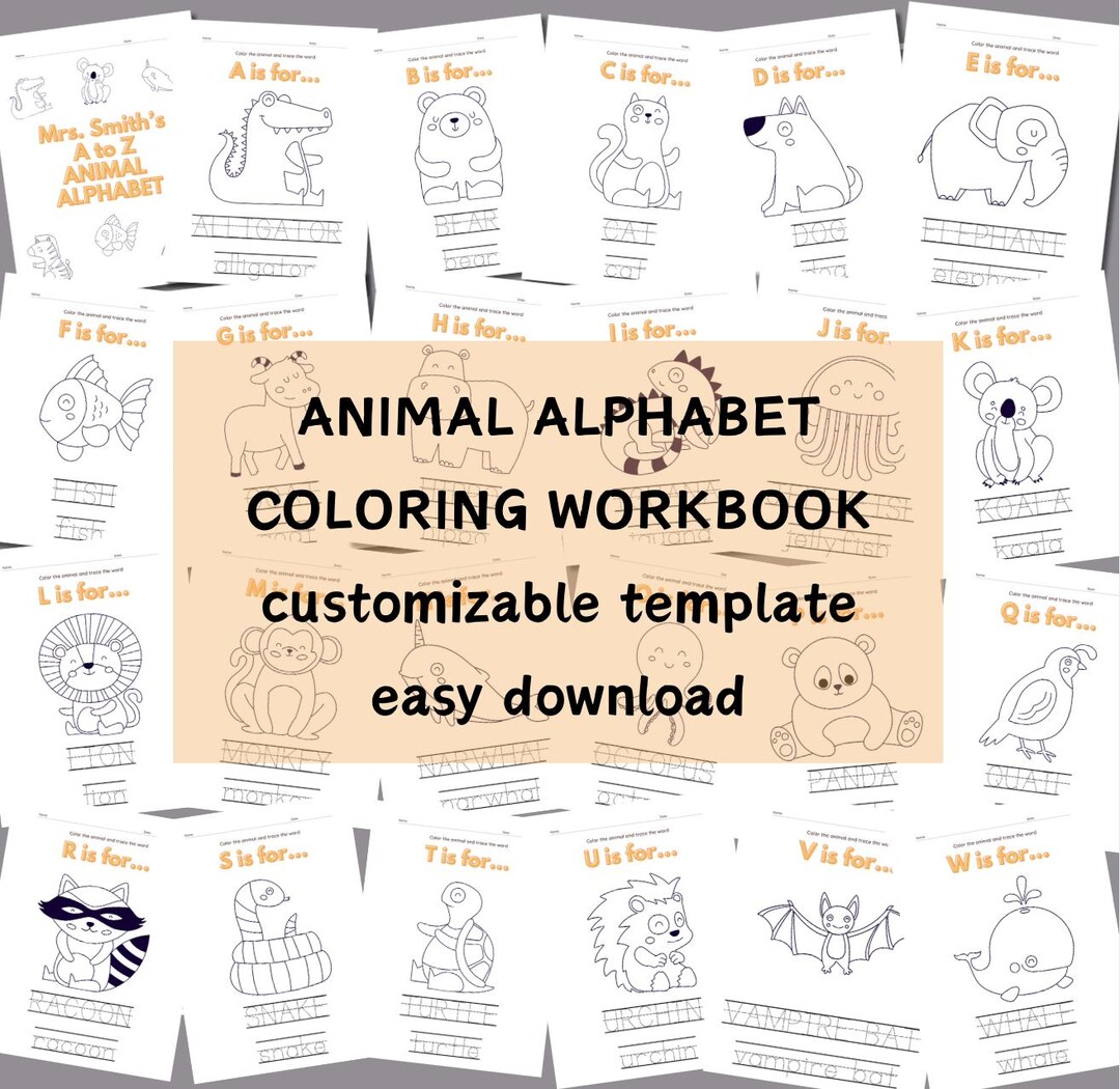 Animal Alphabet Coloring Worksheets | Editable Canva Template | Digital ...
