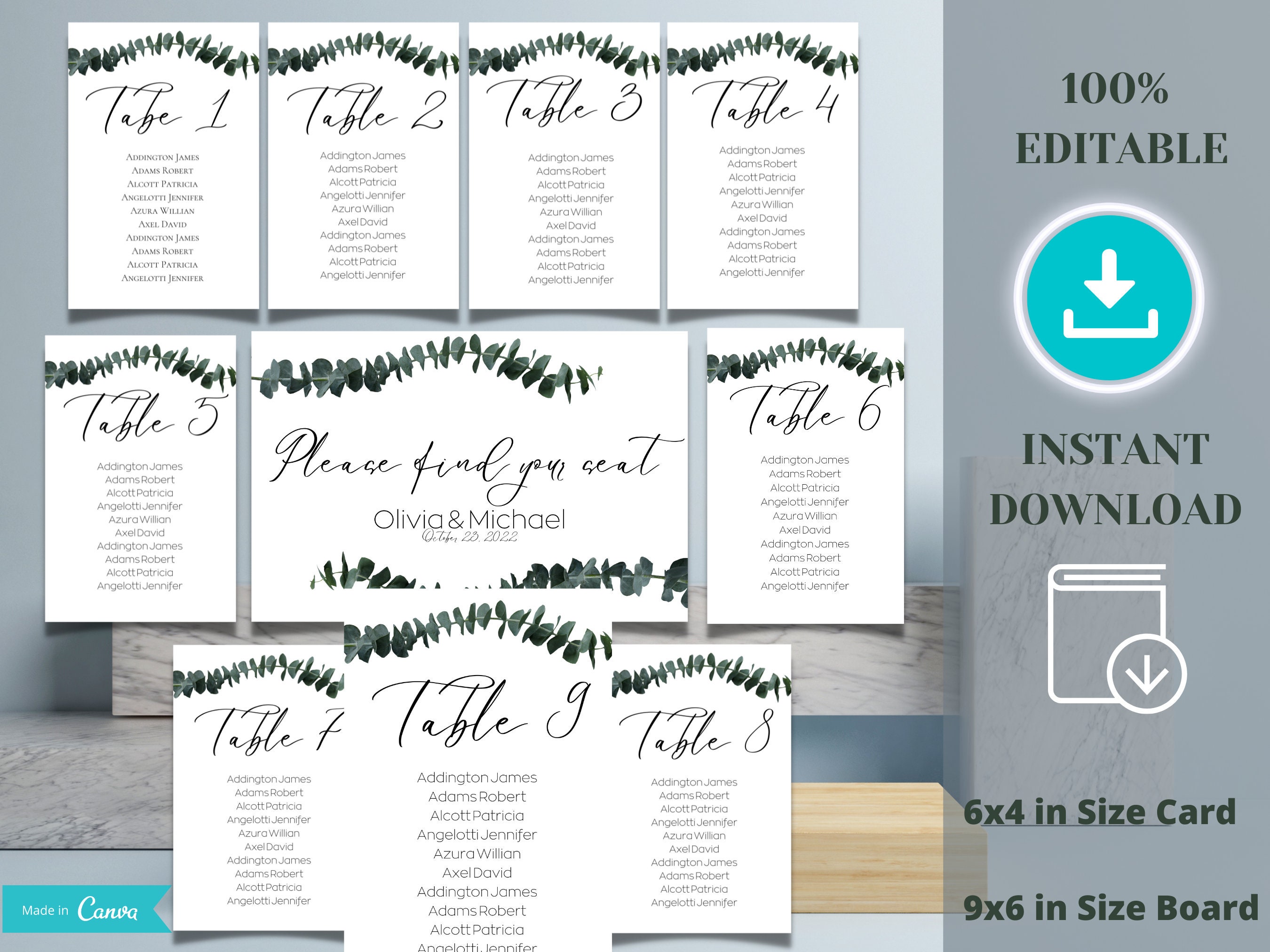Greenery Seating Chart Cards Template, Elegant Seating Plan, Table ...