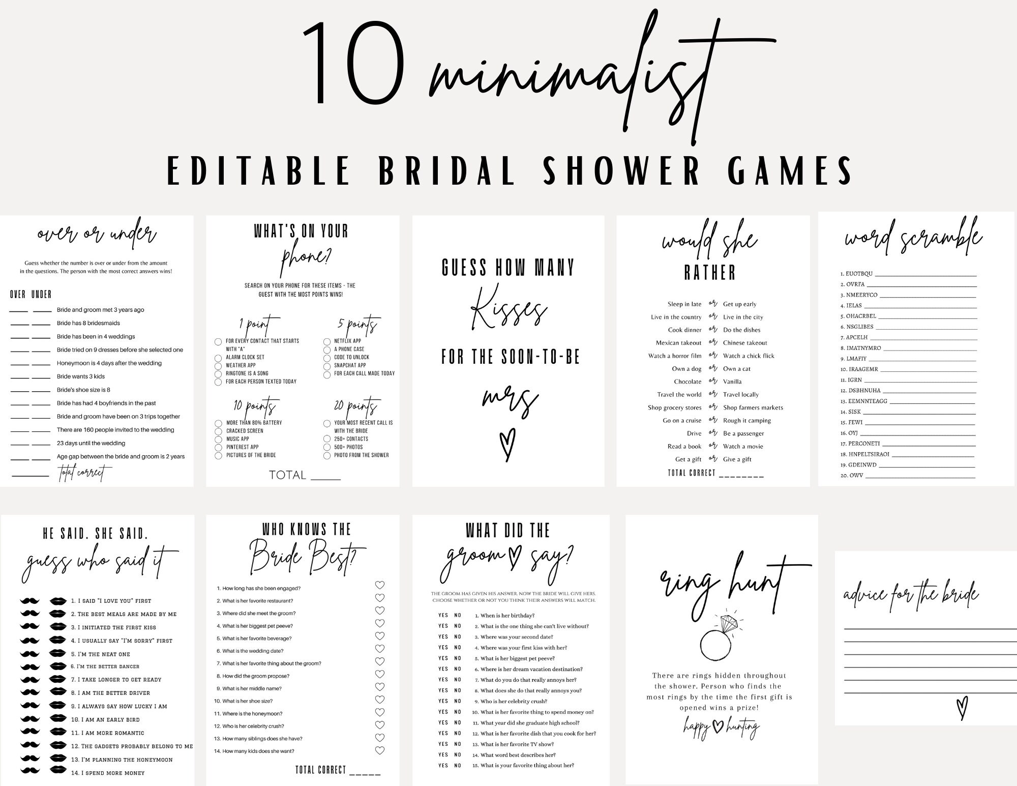 Minimalist Bridal Shower Games Printable Bridal Shower Games Etsy