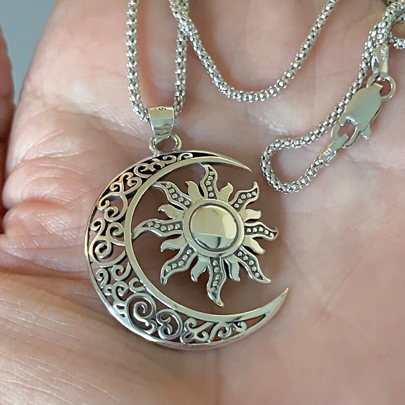 Large Filigree Blazing Sun and Moon Sterling Silver Necklace - Etsy