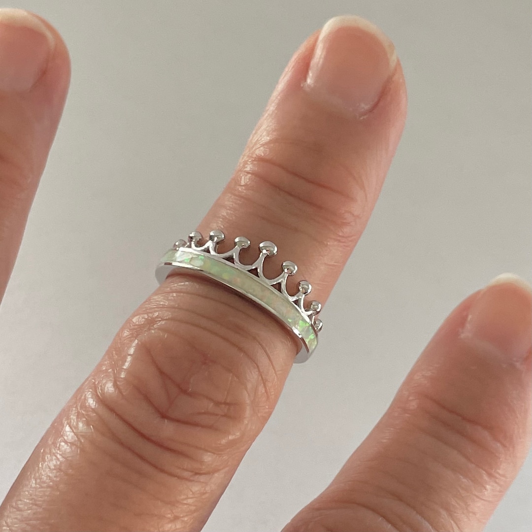 Sterling Silver White Opal Crown Ring, Queen Crown White Opal Ring, Crown Opal Silver Ring ...
