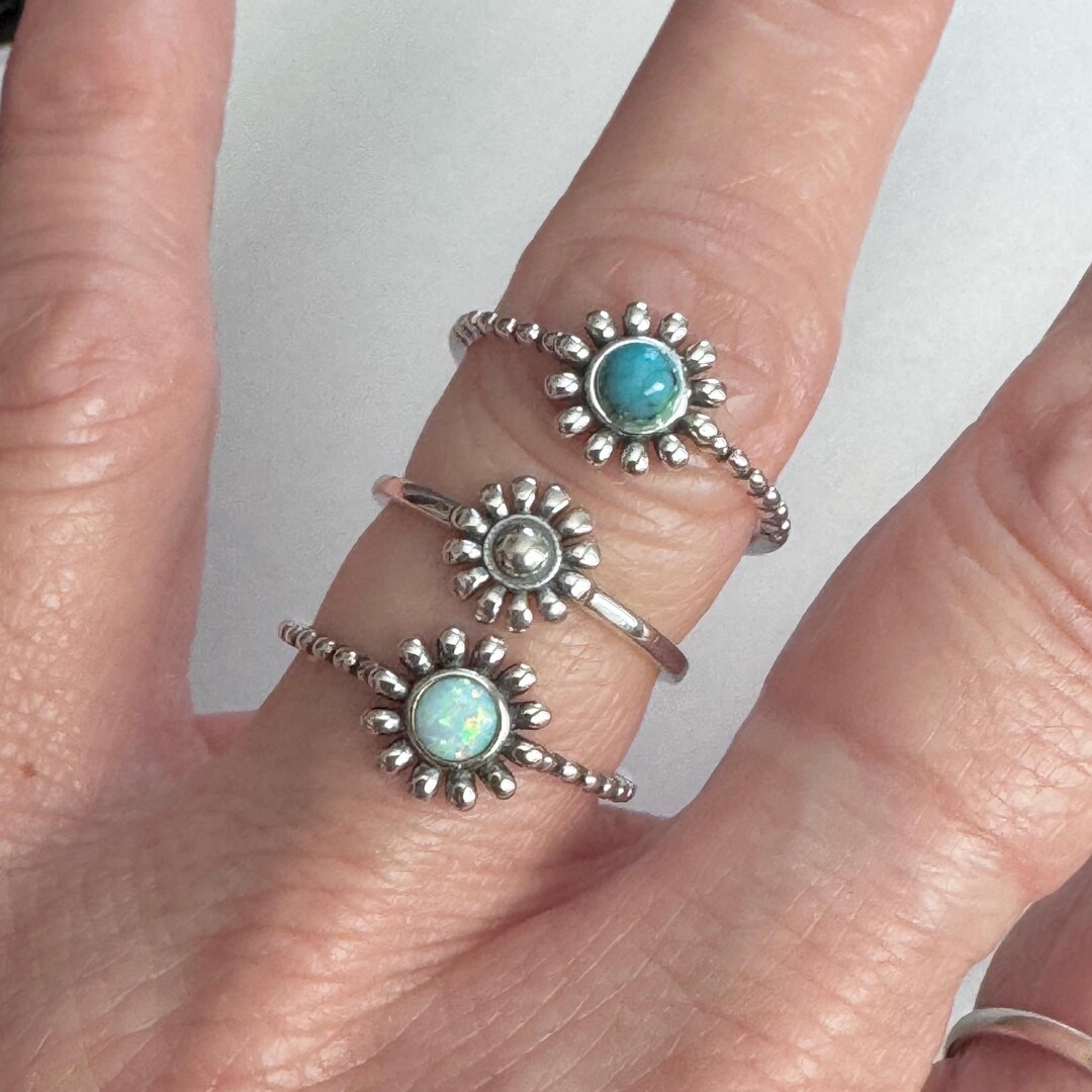 Sterling Silver Daisy Lab Opal or Turquoise Ring, Opal Ring, Turquoise ...