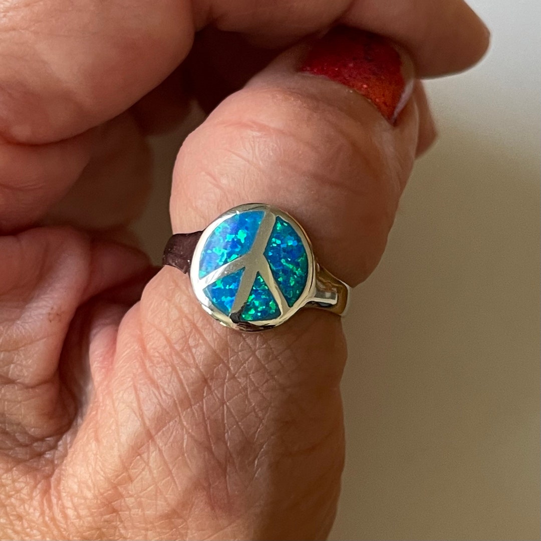 Blauer Opal Peace Zeichen Sterling Silber Ring, Hippie Ring, Peace Ring ...