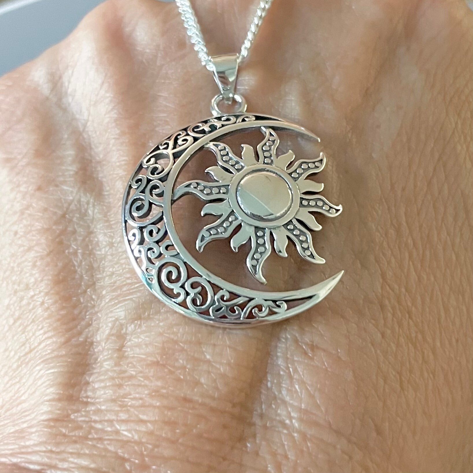 Filigree Sun and Moon Sterling Silver Pendant Necklace - Etsy