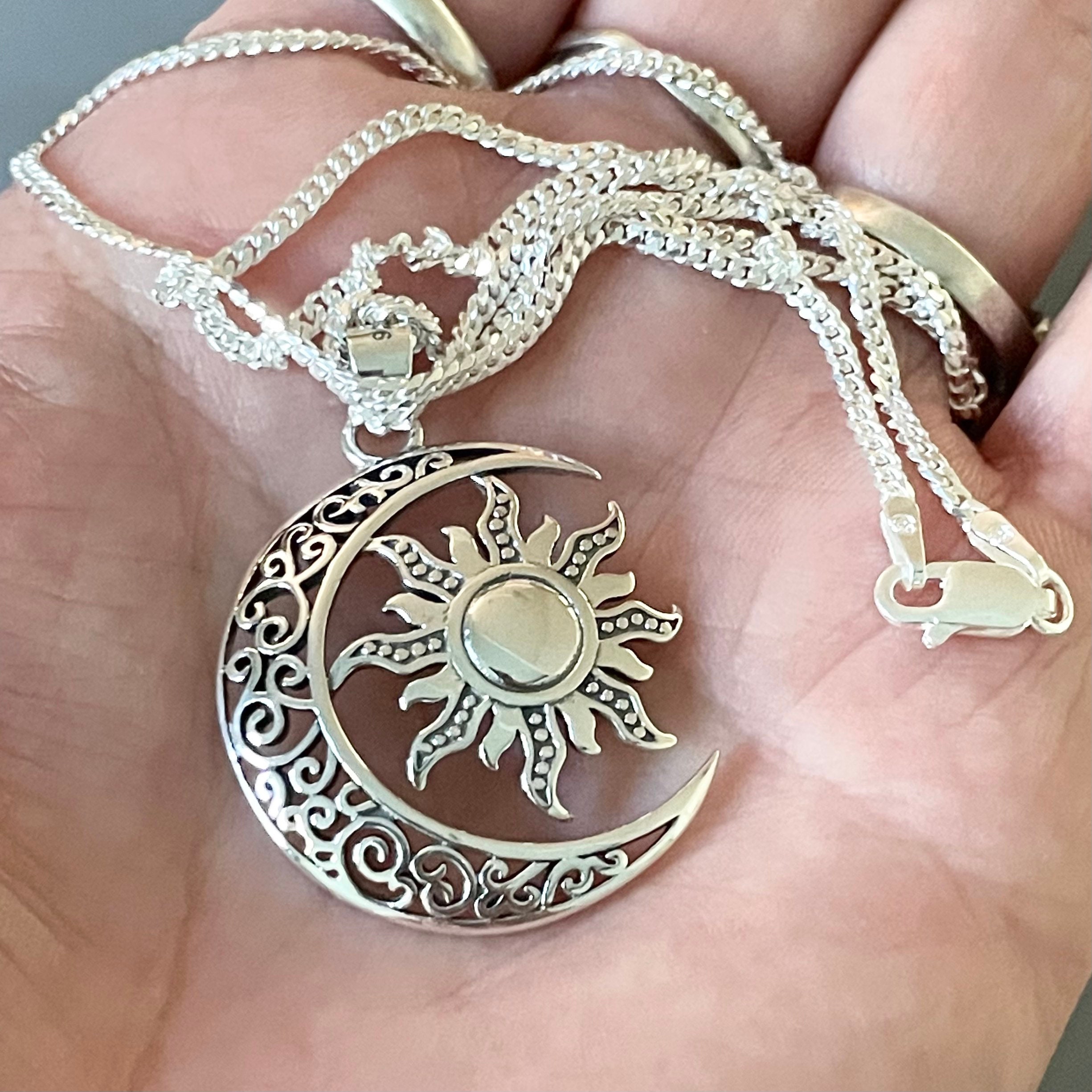 Large Filigree Blazing Sun and Moon Sterling Silver Necklace - Etsy