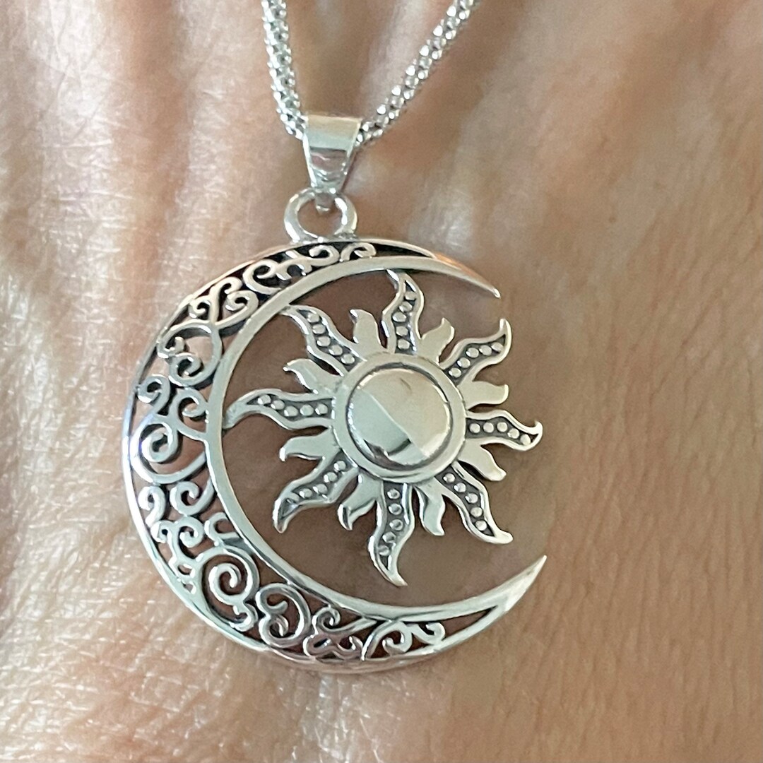 Large Filigree Blazing Sun and Moon Sterling Silver Pendant Necklace ...