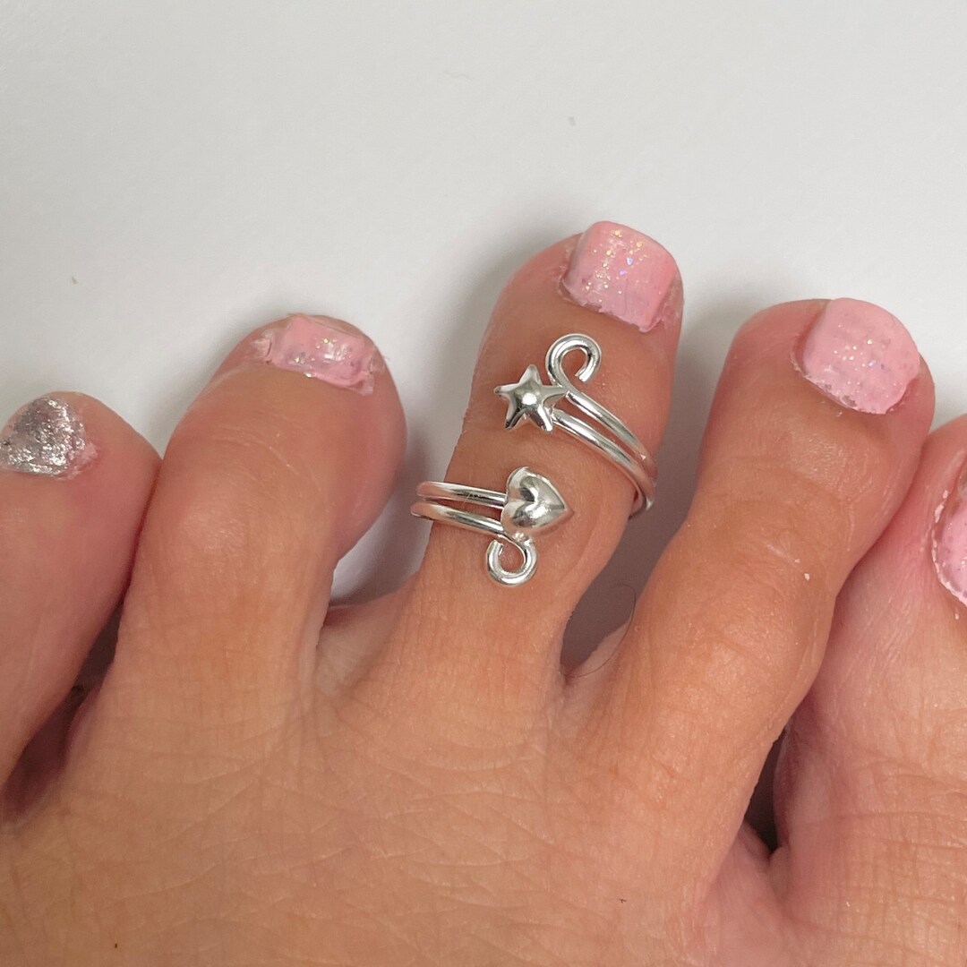 Sterling Silver Hearts and Star Toe Ring, Heart Toe Ring, Heart Midi ...