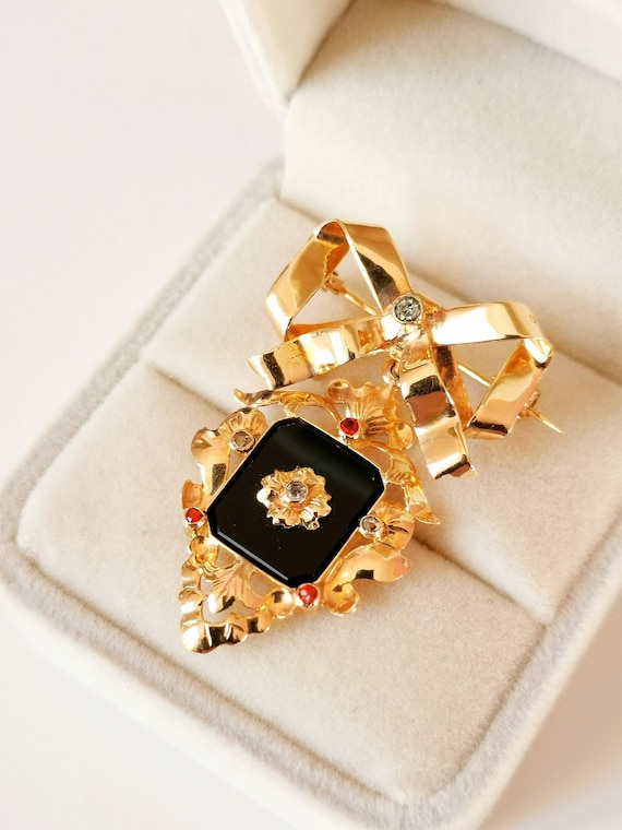 Antique Portuguese Gold G19K AU900 Antique Handcrafted Brooch With Black Onyx and Synthetic Stones Jewelry From the 40s 50s Etsy
