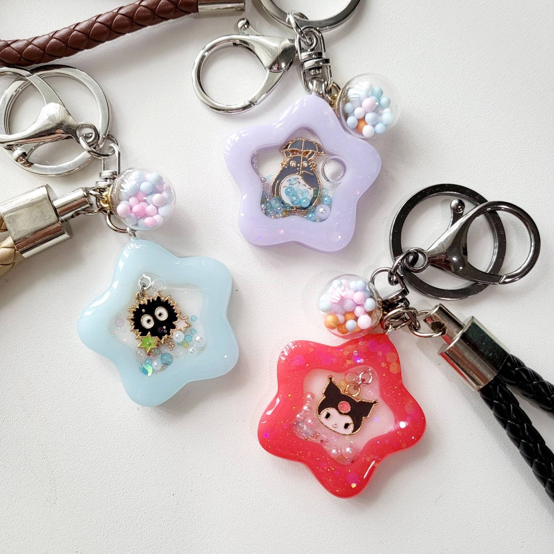 Kawaii Custom Handmade Resin Star Water Shaker Keychain With Leather ...