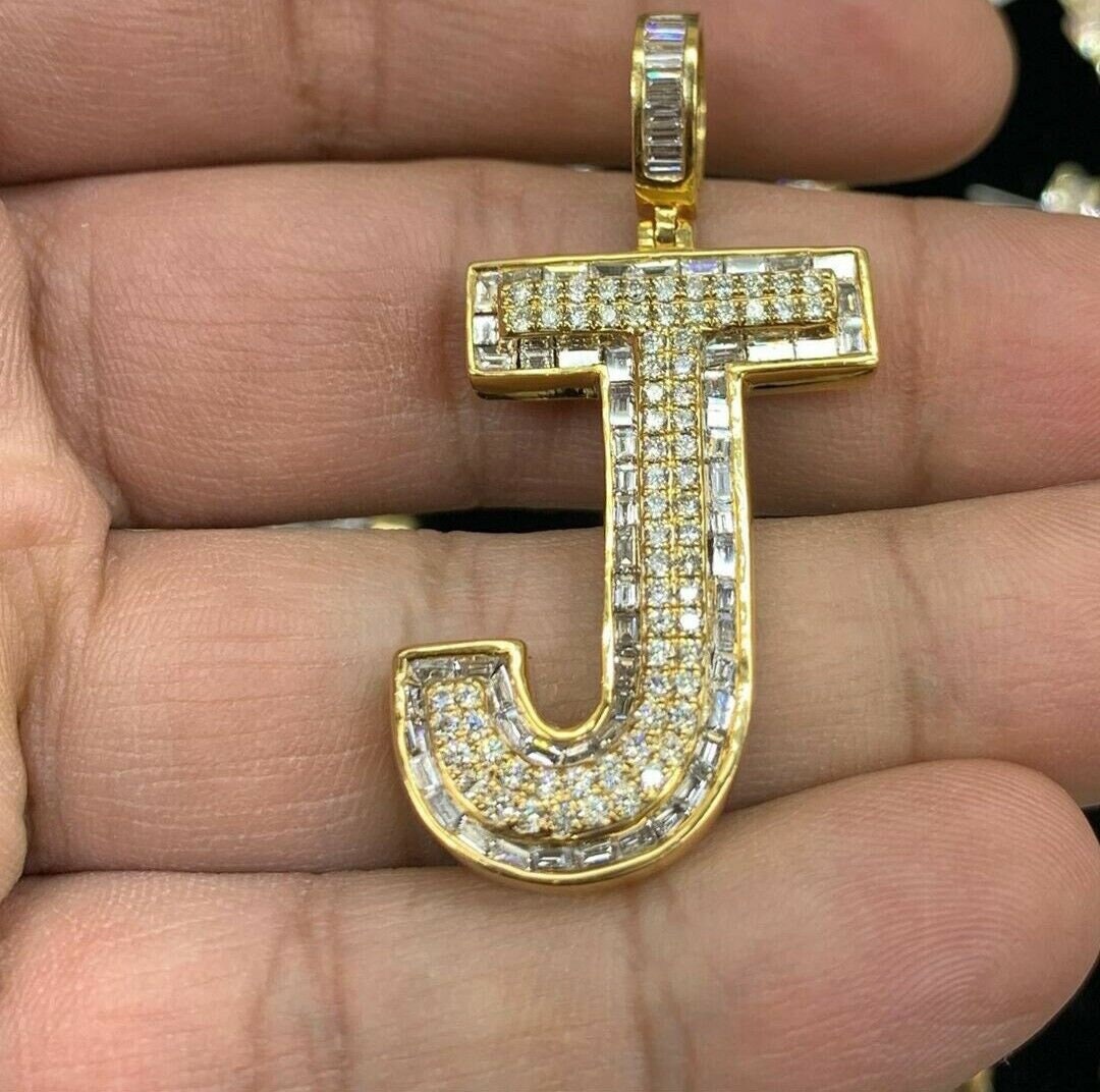 Men's Unique Design J Round & Baguette Diamond Custom Initial Letter ...
