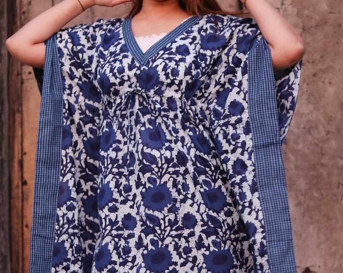 100% Cotton Hand Screen Printed Kaftan Dress, Blue Kaftan Dress, Boho ...