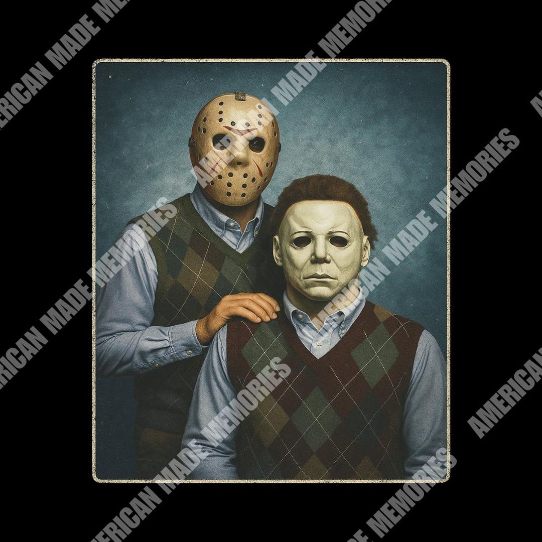 Vintage Horror Duo Portrait – Classic Masked Villains Art Print, Creepy ...