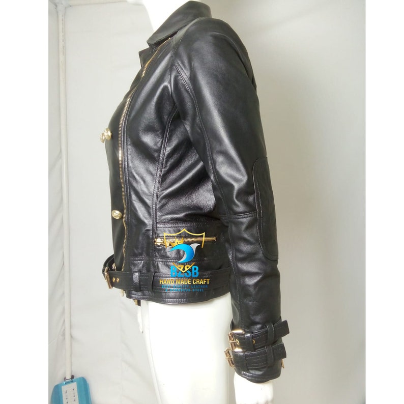 Women Double Breast Jacket Biker Golden Button Leather Blazer ...
