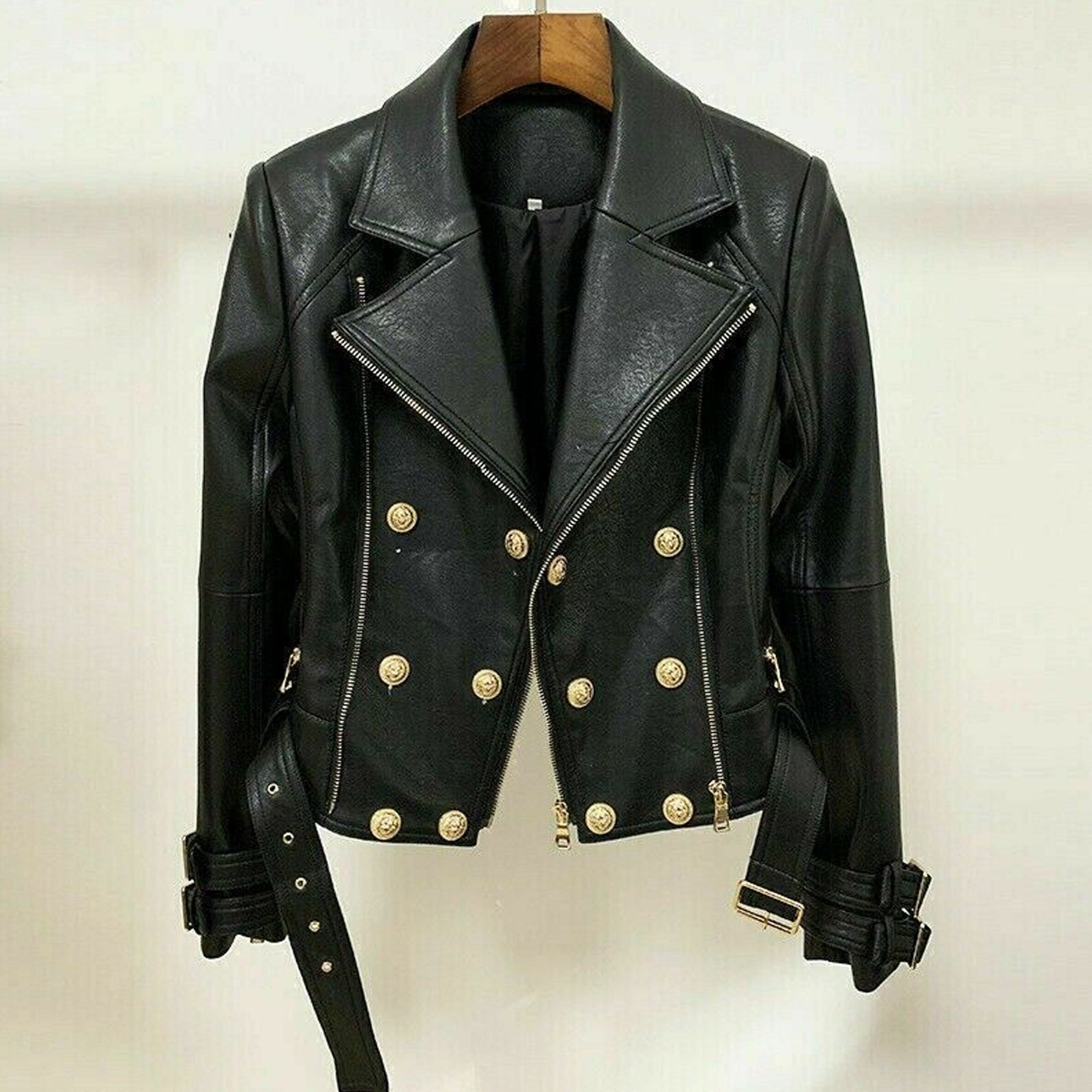 Women Double Breast Jacket Biker Golden Button Leather Blazer ...