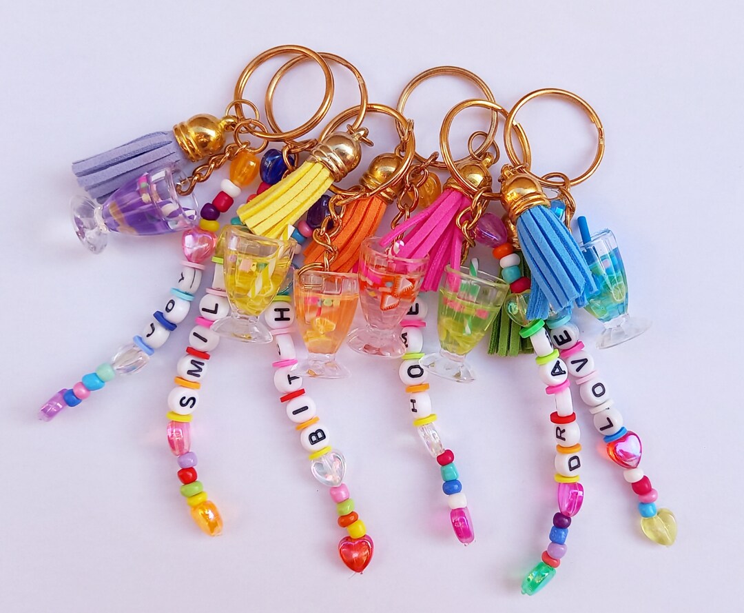 Personalized Gold Colored Key Rings With Beads and Word, Colored Key ...