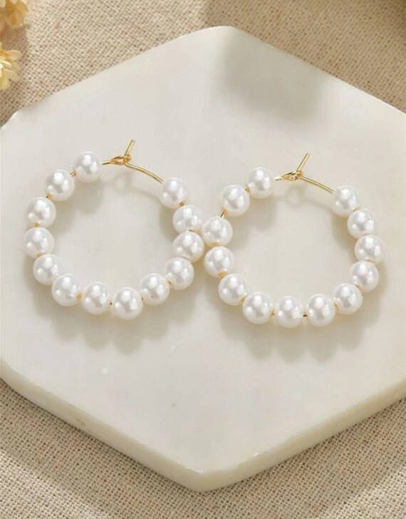 Pearl Beaded Hoop Earrings - Etsy