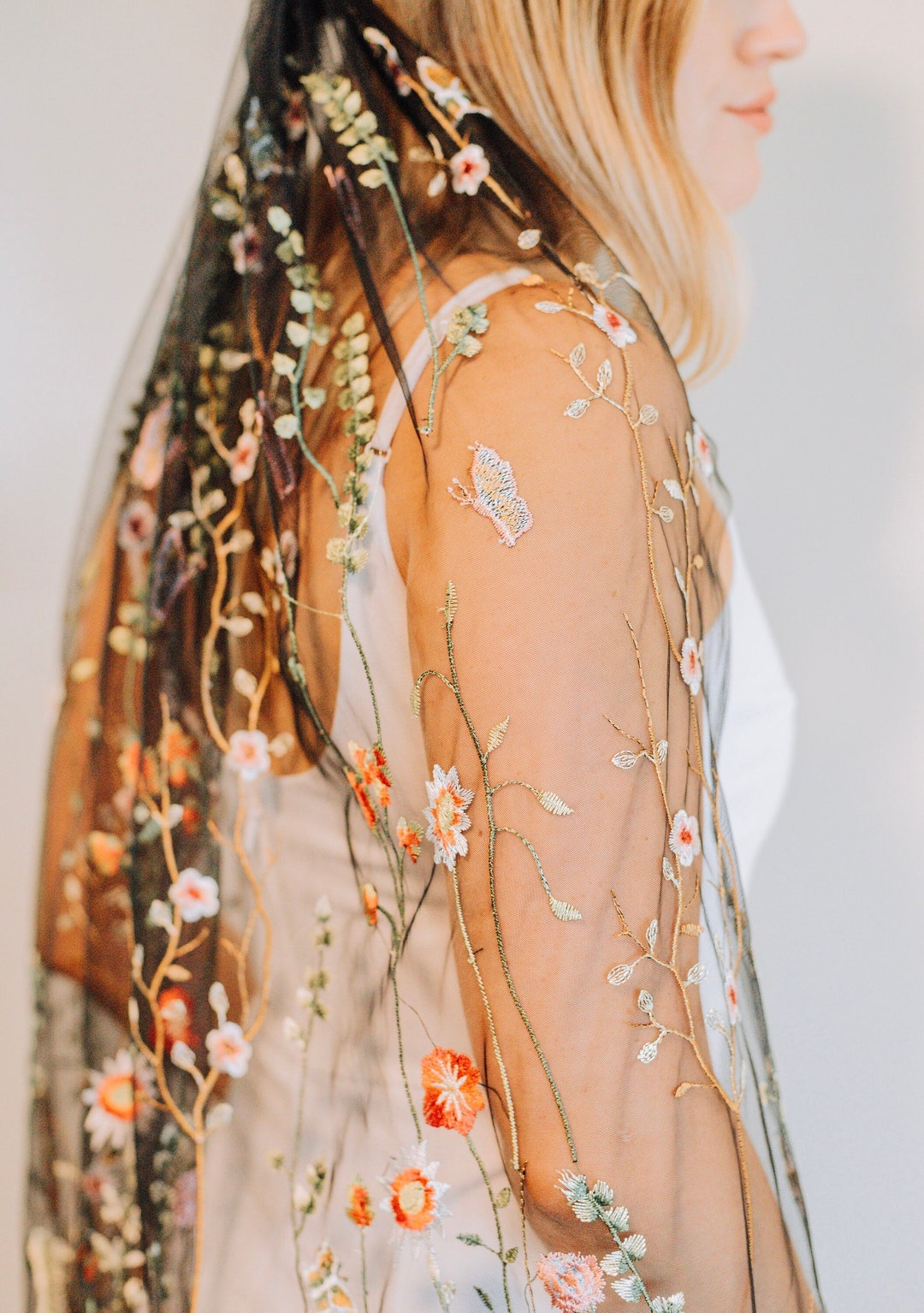 Black Wedding Veil, Black Veil, Embroidered Floral Veil, Enchanted ...