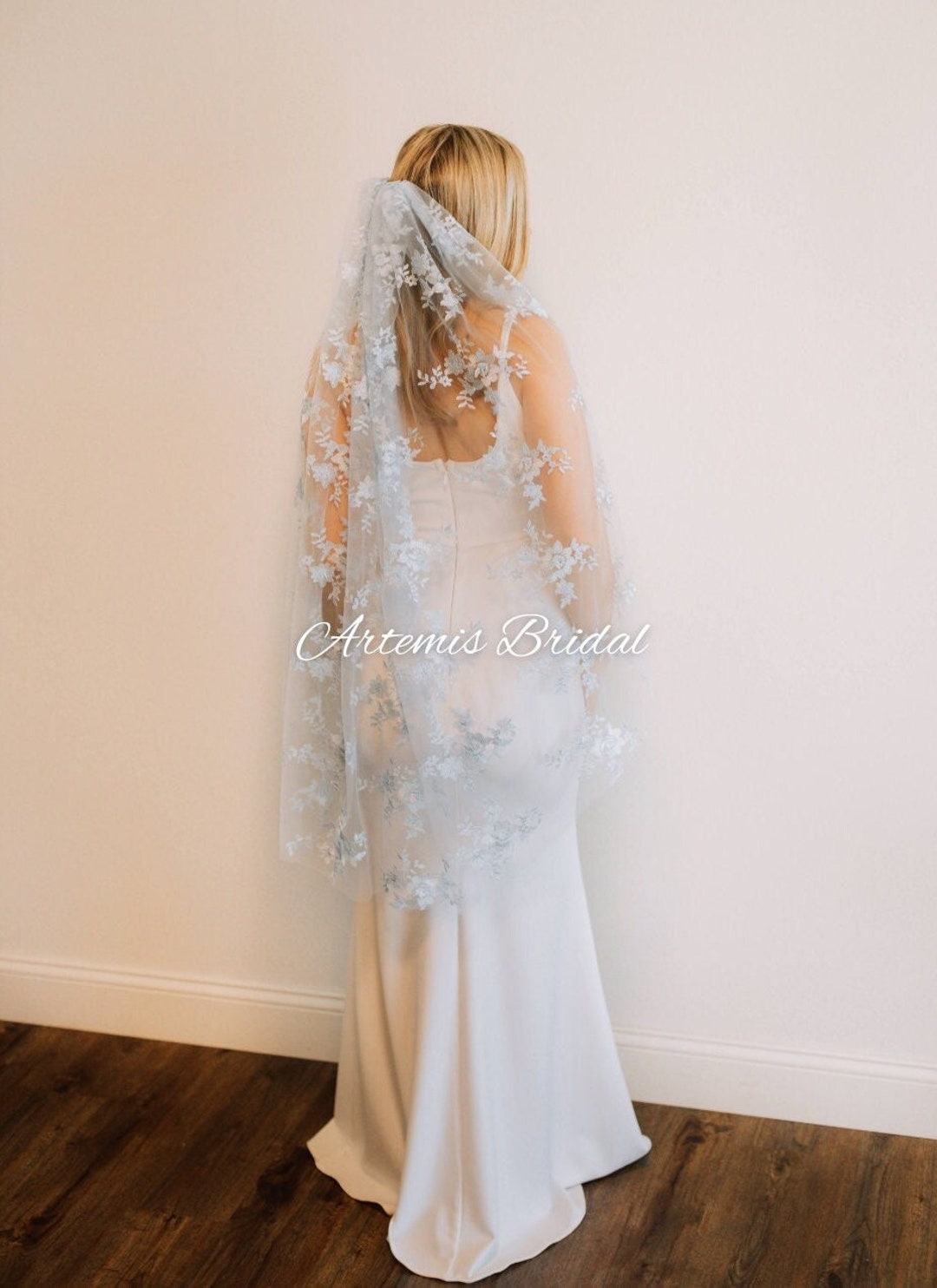 Inez Light Blue Veil - Embroidered Veil, Floral Veil, Cathedral Veil ...