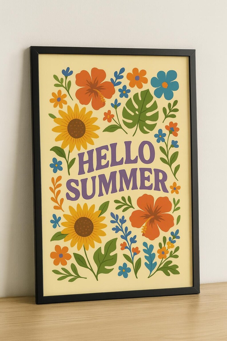 Hello Summer Digital Poster, Colorful Retro Floral Wall Art, Tropical ...
