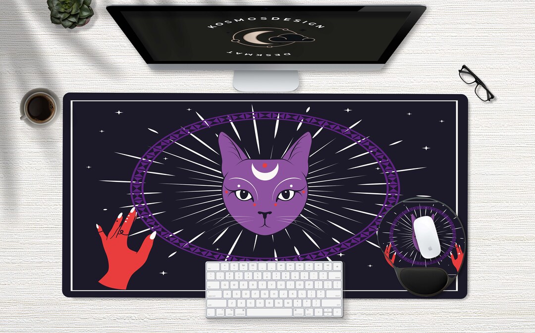 Purple Retro Cat Desk Mat, Retro Desk Mat, Zodiac Desk Mat, Purple Desk ...