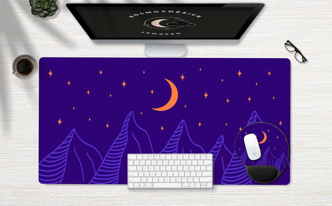 Mountains Landscape Stars and Moon Desk Mat, Moon Desk Mat, Landscape ...