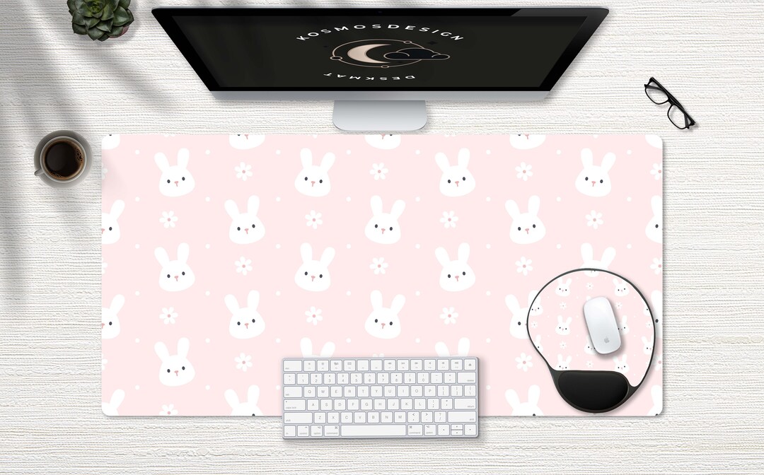 Cute Rabbit Desk Mat, Pink Desk Mat, Desk Pad, Kawaii Desk Mat, Pink ...
