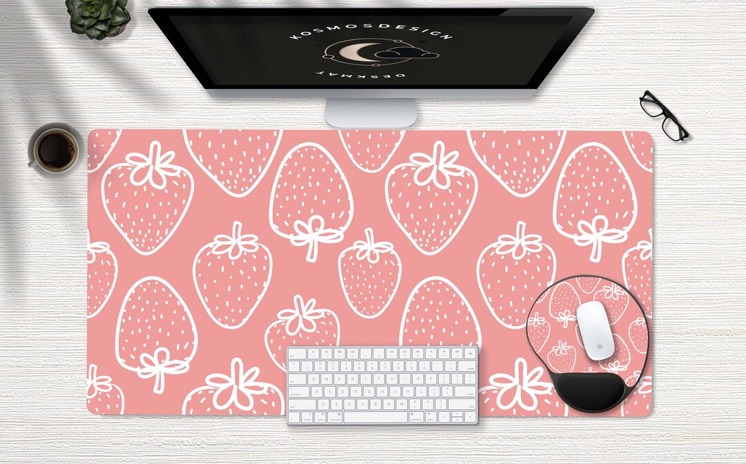 Pink Strawberry Desk Mat, Pink Desk Mat, Kawaii Desk Mat, Pink Cute ...