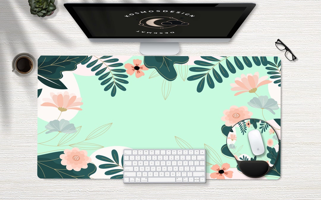 Mint Green Desk Mat, Leaves Desk Mat, Floral Desk Mat, Green Desk Mat ...