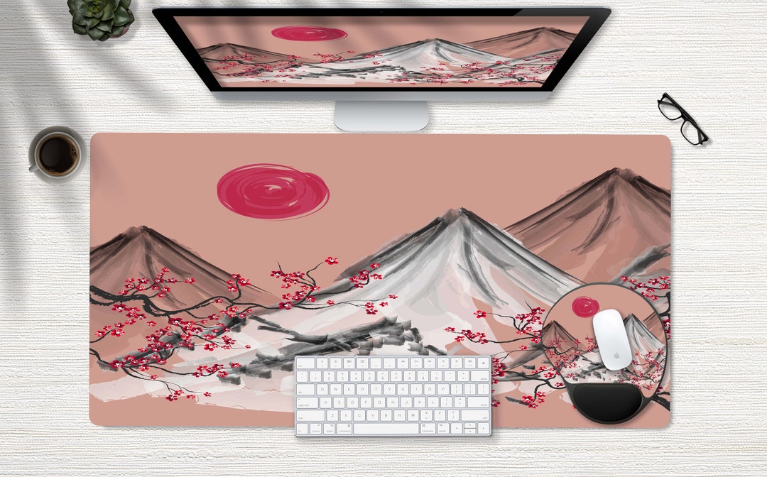 Japanese Sakura Desk Mat, Anime Desk Mat, Fuji Mountain Desk Mat, Desk ...